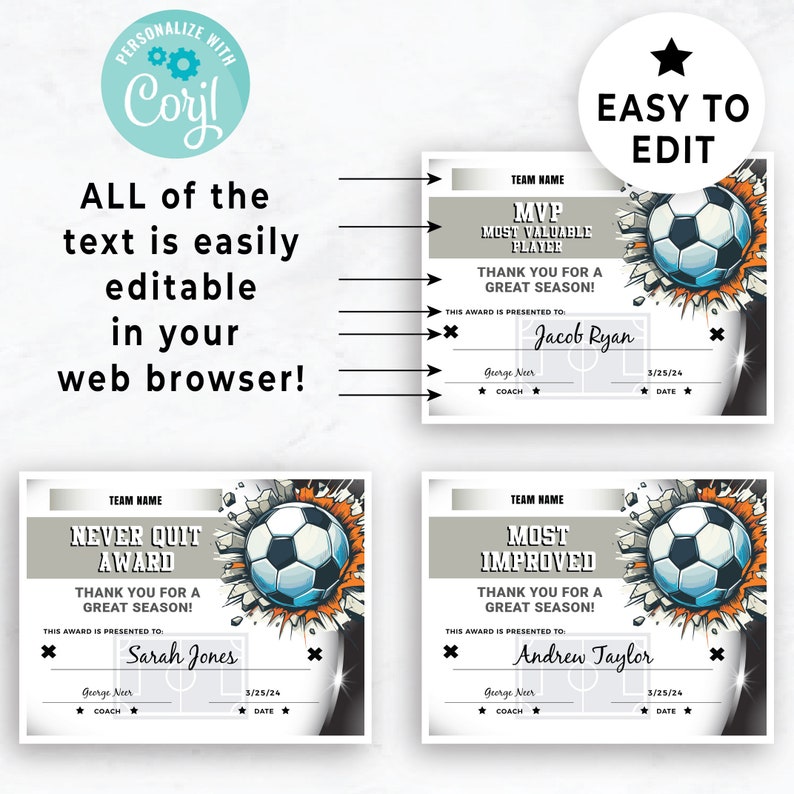 Soccer Awards Printable, End of Season Soccer Awards Templates, Soccer ...