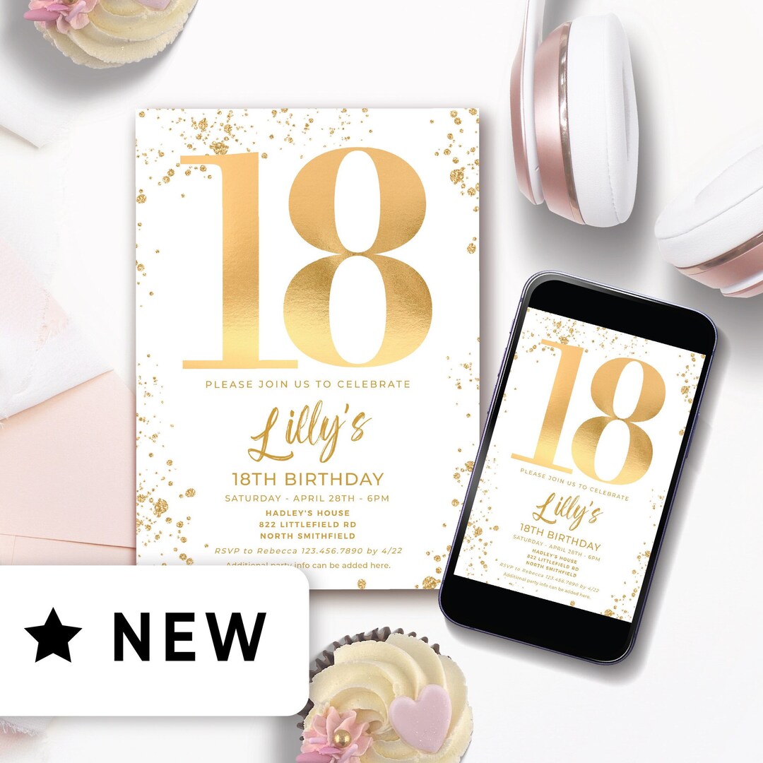 Editable 18th Birthday Party Invitation Template Girls, Gold Electronic ...