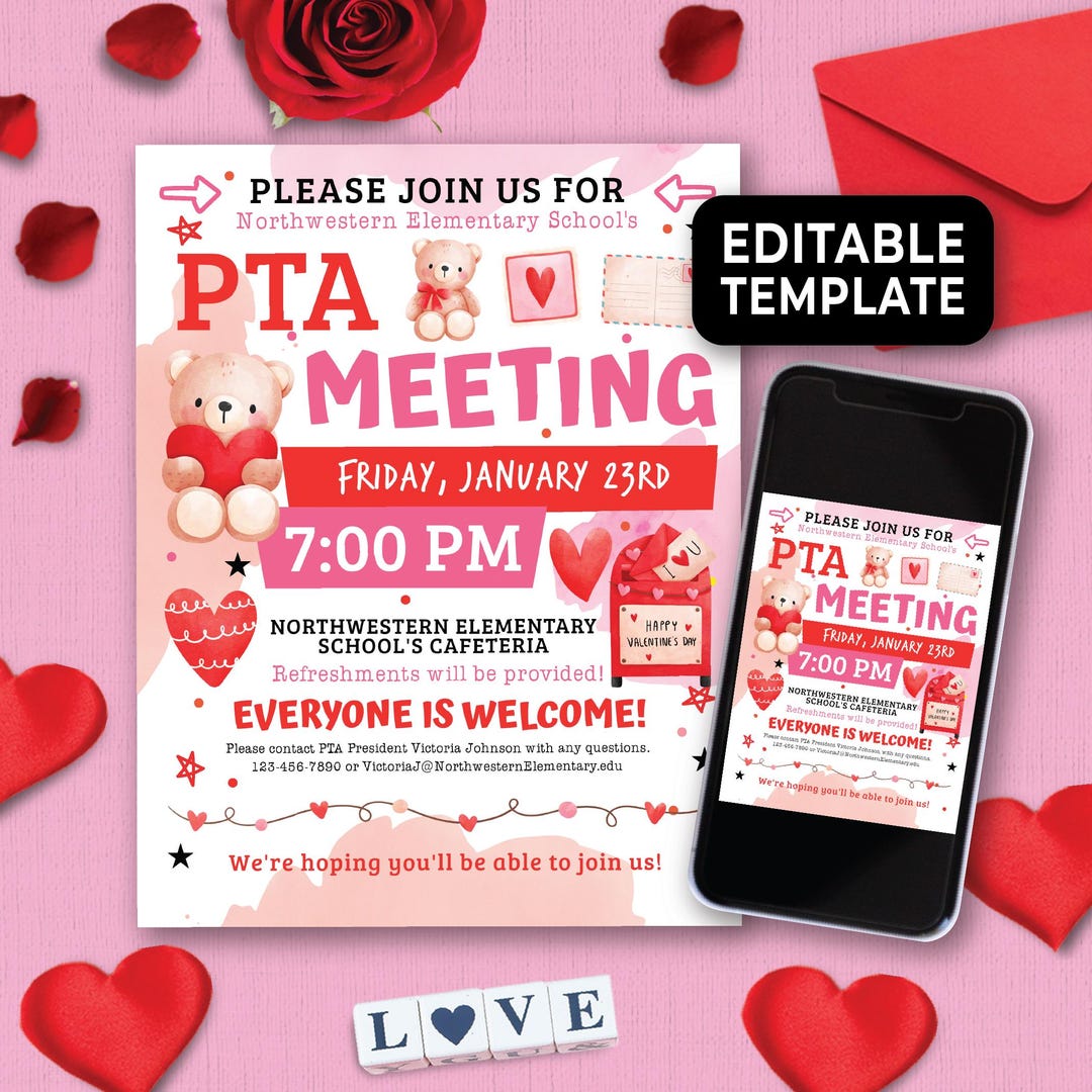 Editable PTO PTA February Meeting Flyer, Meeting Reminder Invitation ...