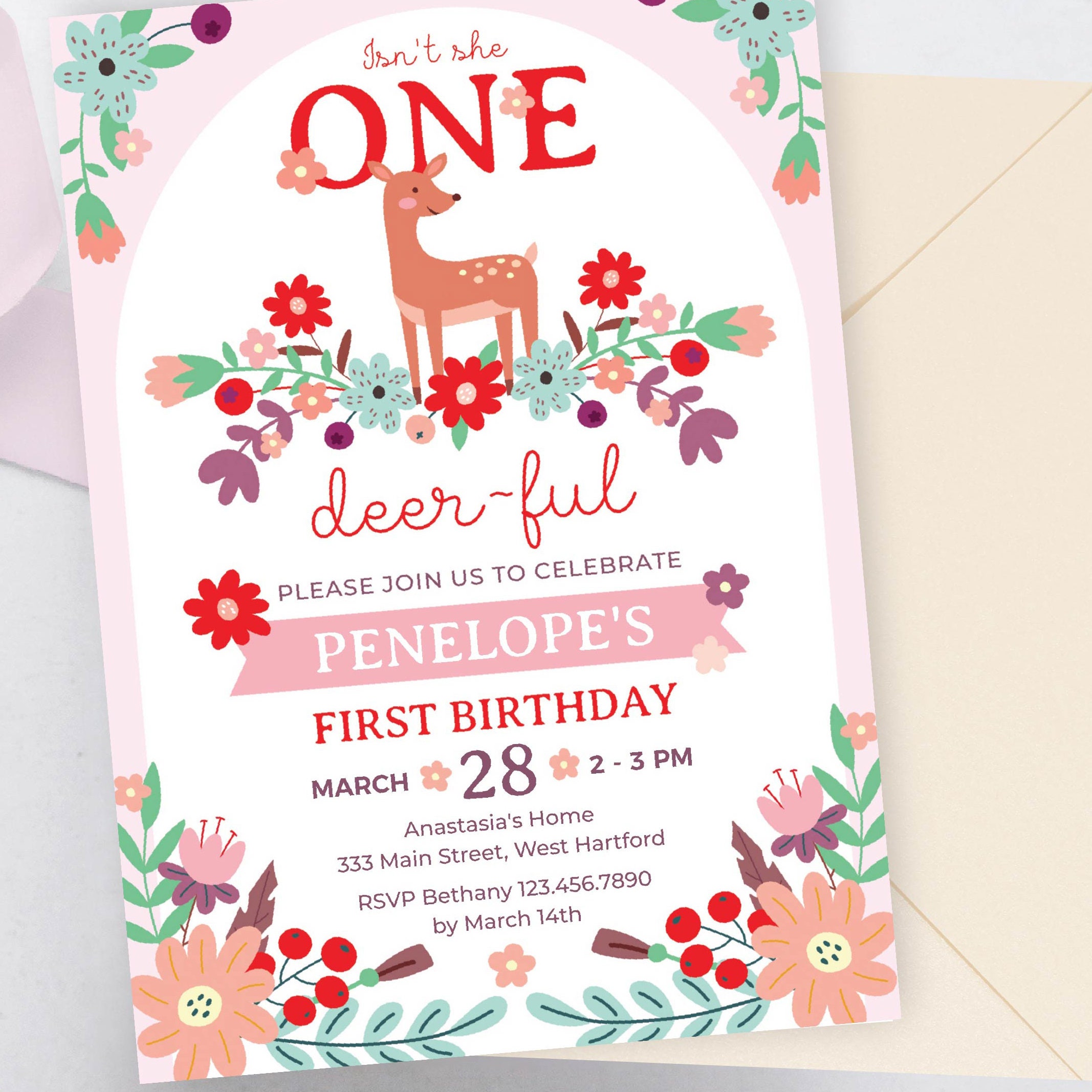 Editable Fawn First Birthday Party Invitations, One-deer-ful Birthday ...