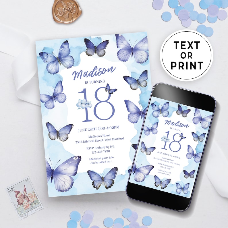 Editable Blue Butterfly Invitations Pastel Monarch 18th - Etsy