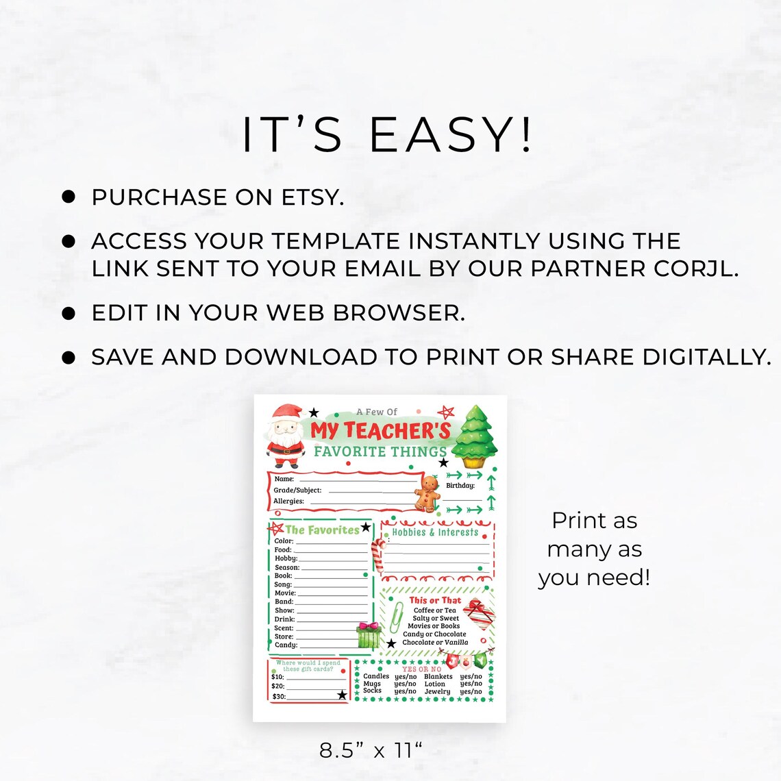 Editable Teacher Favorite Things Christmas List Template, Teacher's ...