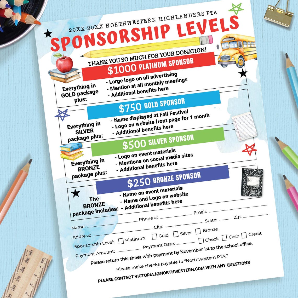Editable PTA/PTO Sponsorship Levels Form Template, PTA Fundraiser ...
