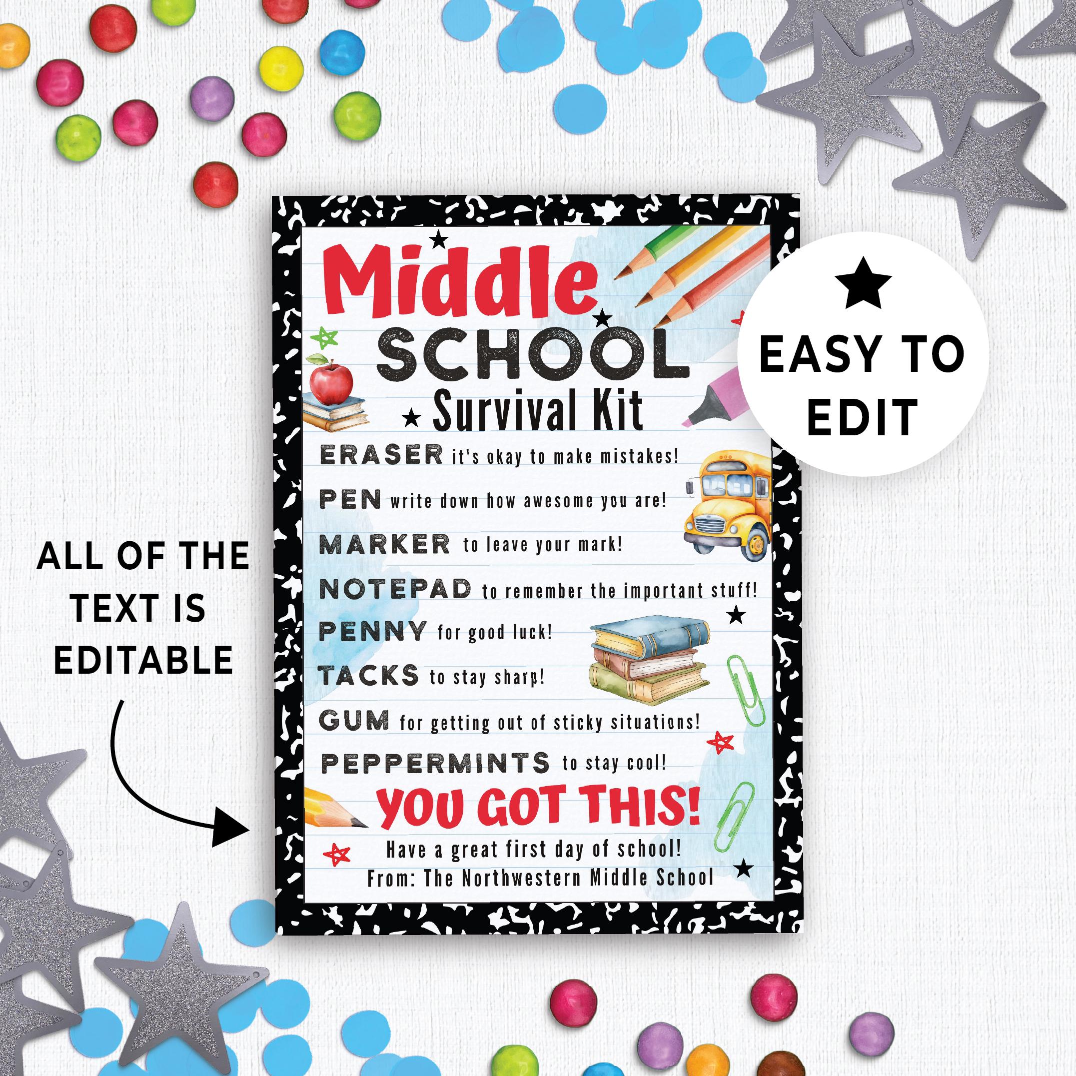 Editable Middle School Survival Tag Printable, Survival Kit Tag for ...
