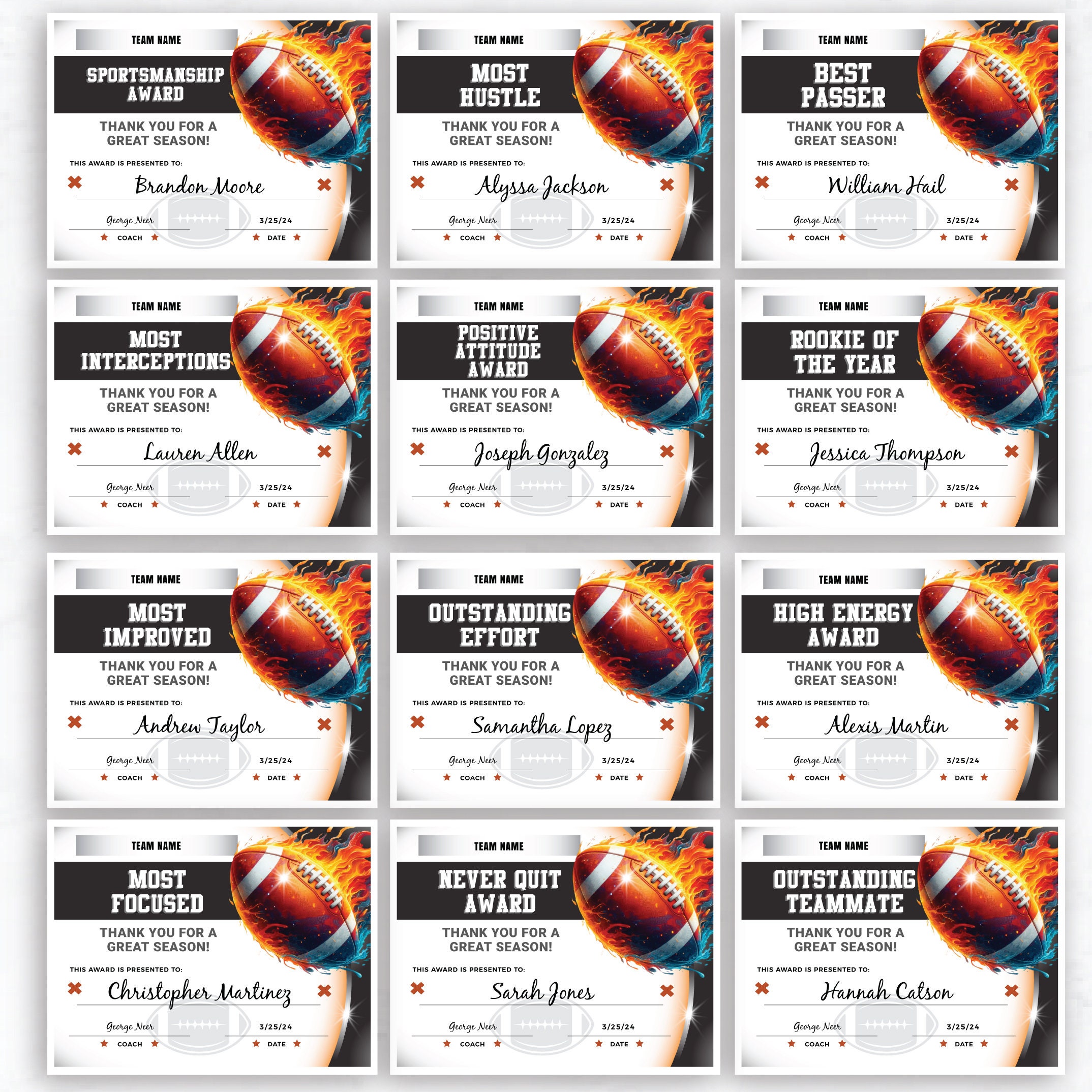 Football Awards Printable, End of Season/year Football Team Award ...
