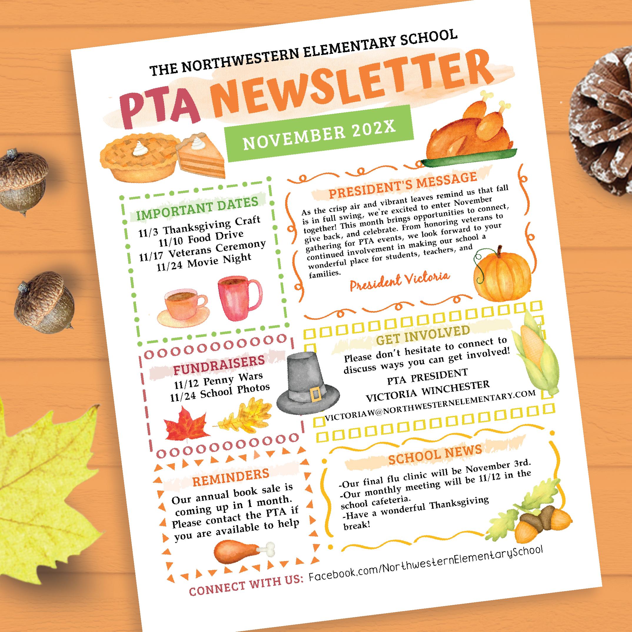 Editable PTO PTA November Newsletter Template, Thanksgiving Themed ...