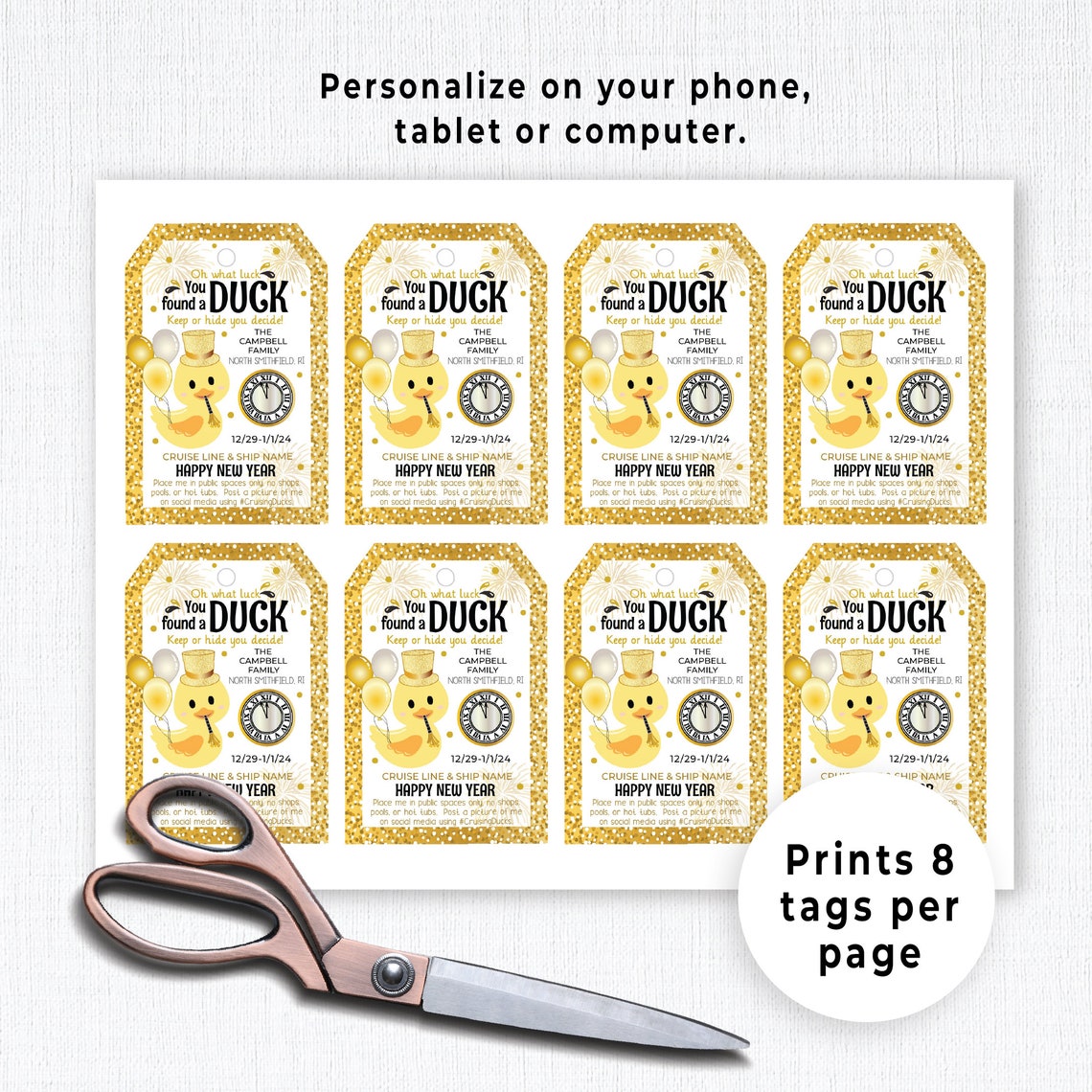 Editable Cruising Ducks New Year's Eve Tags, Printable Tag Cruise Ship ...
