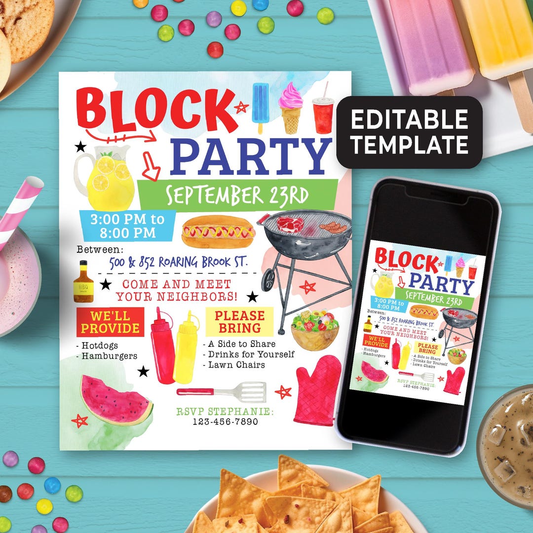 Editable Block Party Flyer Template, Neighborhood Backyard BBQ ...
