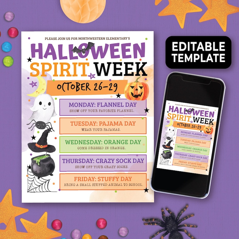 Editable Halloween Spirit Week Flyer, Fall Spirit Week Template, School ...