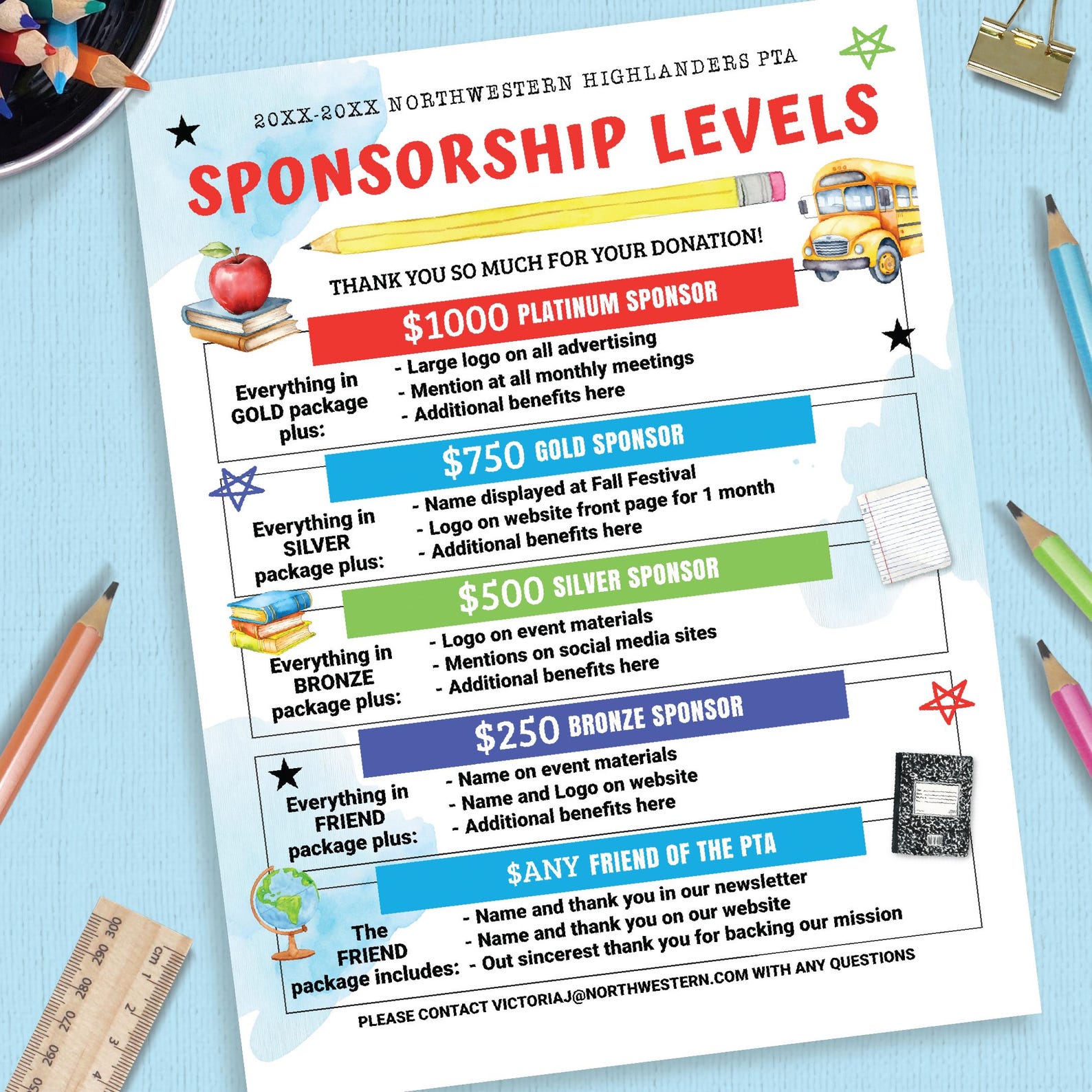 Editable PTA/PTO Sponsorship Levels Form Template, PTA Fundraiser ...
