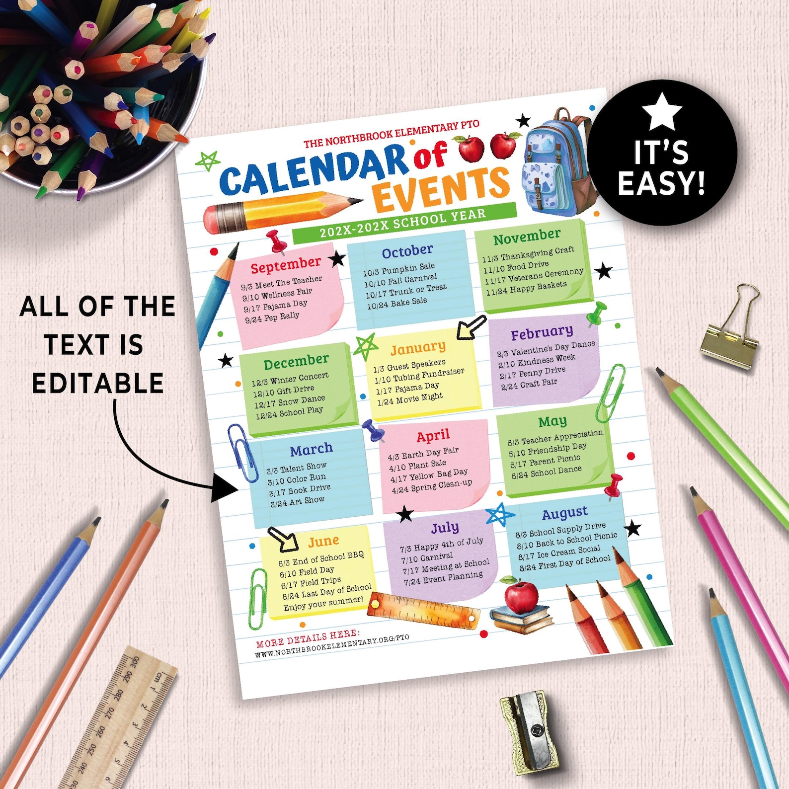 Editable PTO PTA Calendar of Events Flyer Template, School Events Flyer ...