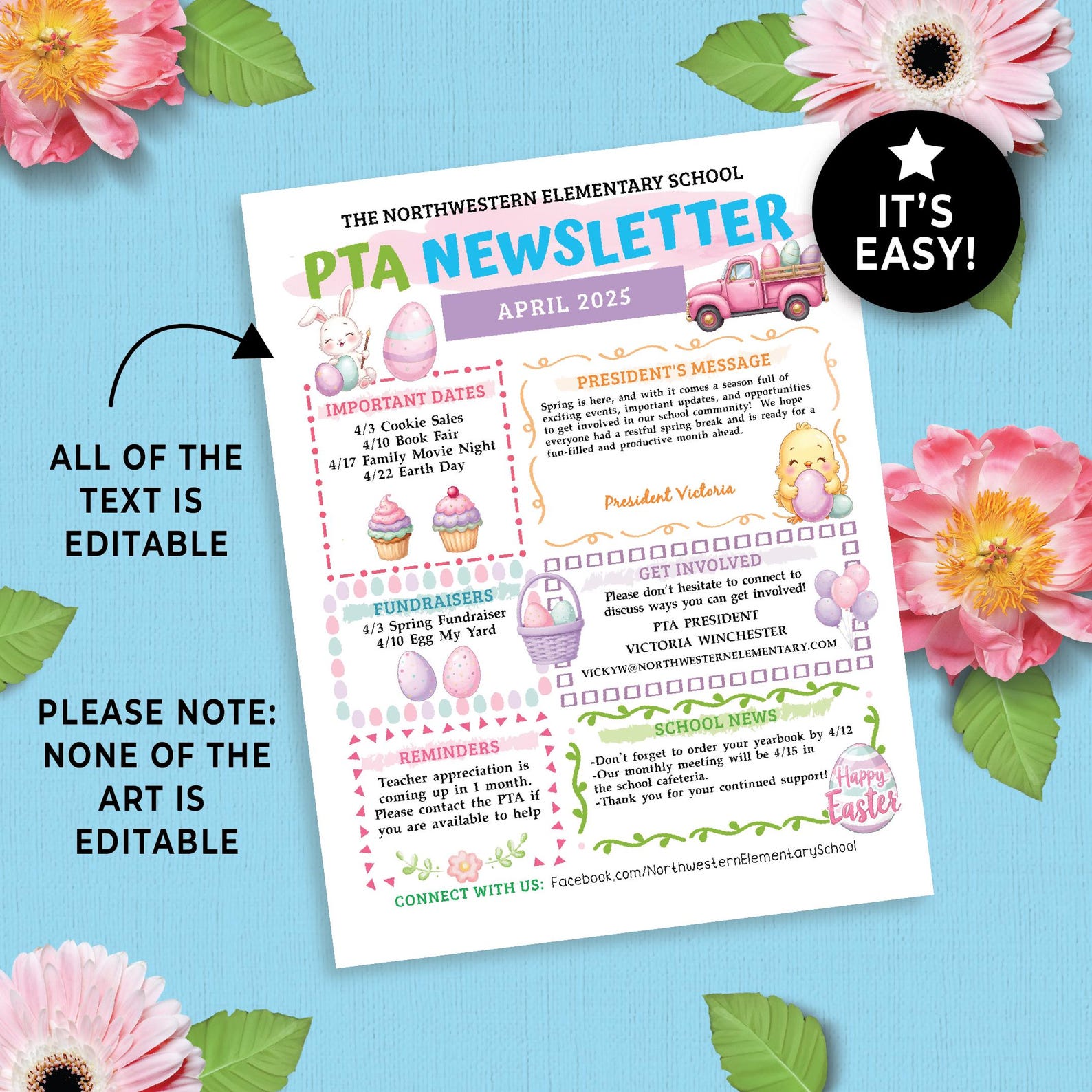 Editable PTO PTA April Newsletter Template, Easter Themed Volunteer ...