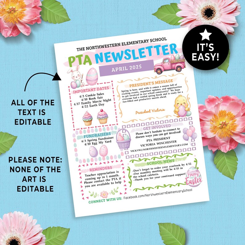 Editable PTO PTA April Newsletter Template, Easter Themed Volunteer ...