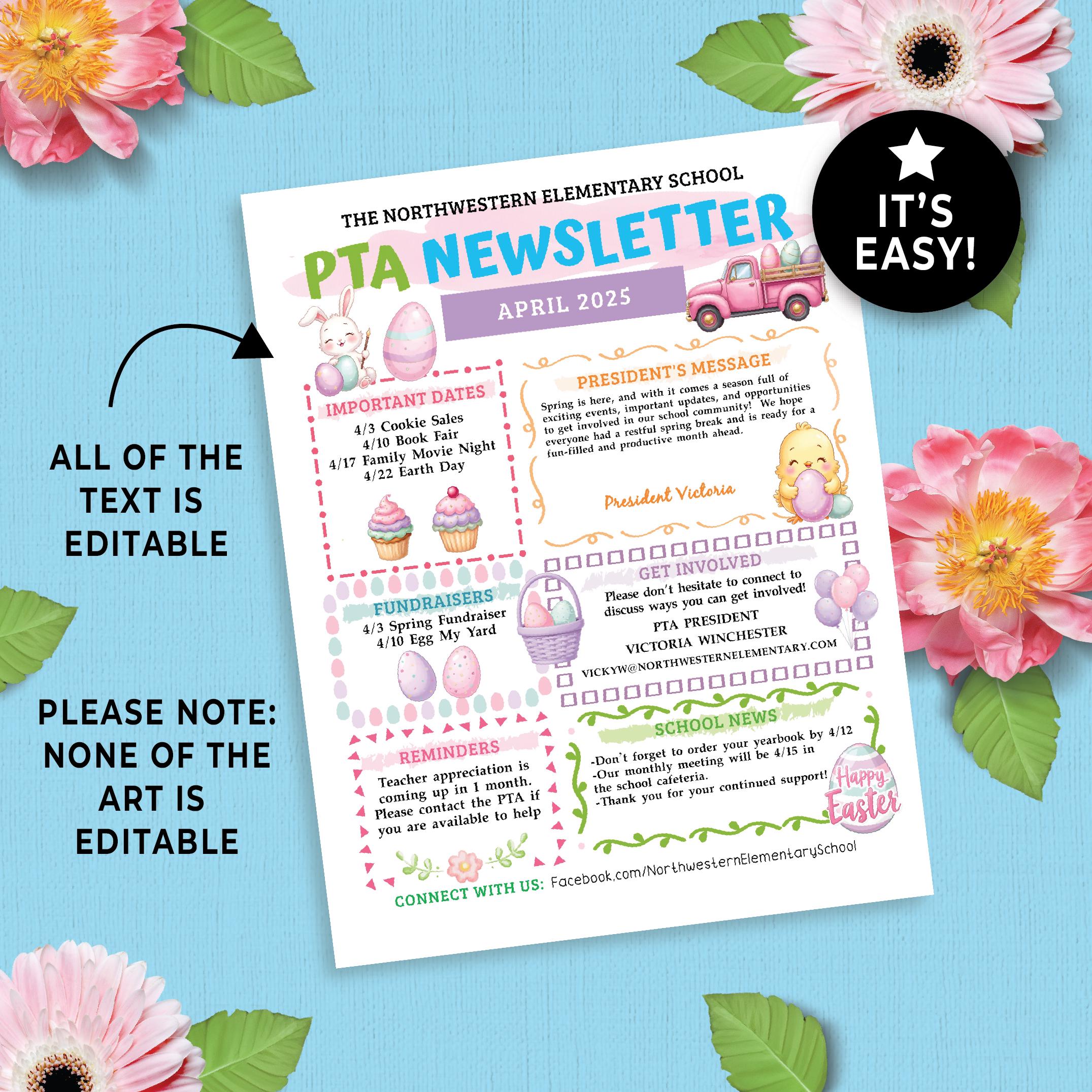 Editable PTO PTA April Newsletter Template, Easter Themed Volunteer ...