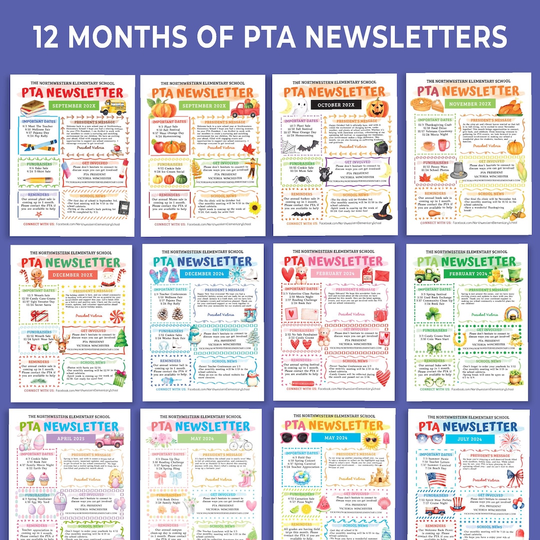 Editable PTO PTA 12 Months of Newsletter Templates, Entire School Year ...