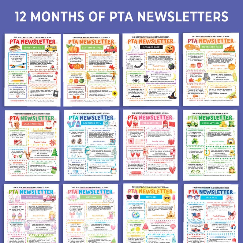 Editable PTO PTA 12 Months of Newsletter Templates, Entire School Year ...