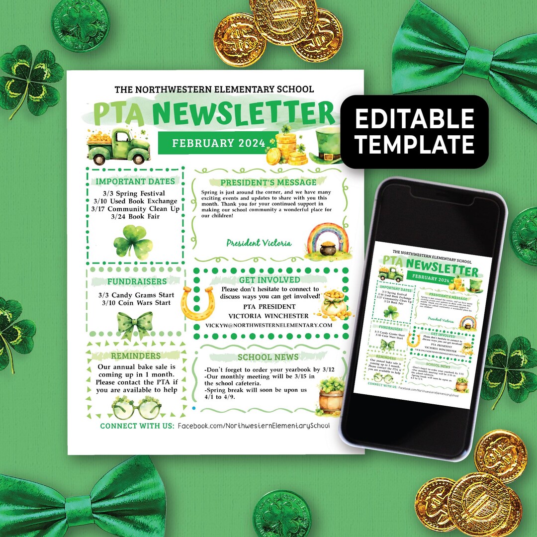 Editable PTO PTA March Newsletter Template, St Patrick's Day Themed ...