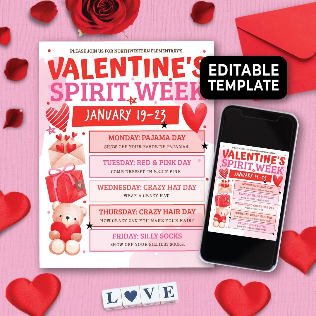 Editable Valentine's Spirit Week Flyer, February Spirit Week Template ...