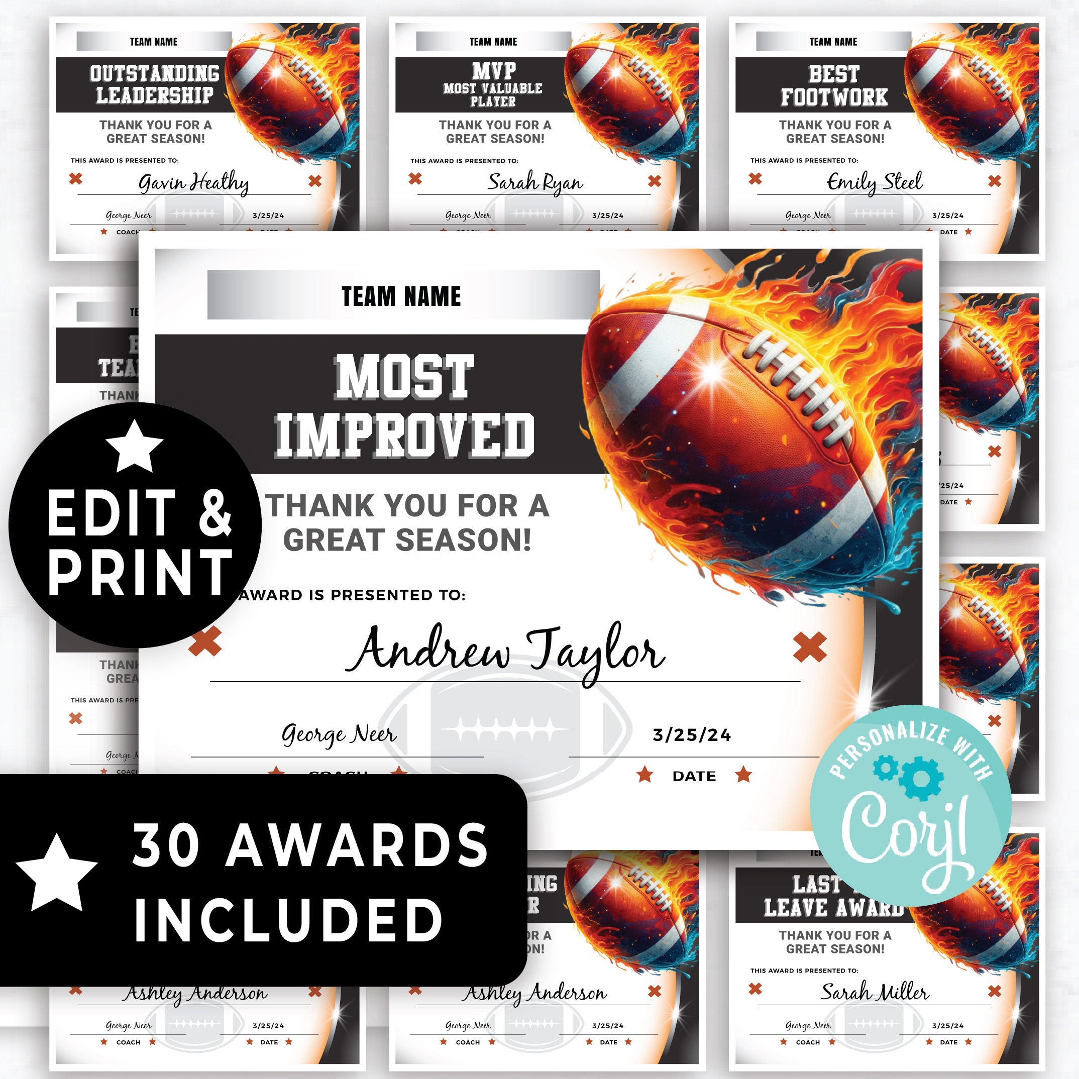 Football Awards Printable, End of Season/year Football Team Award ...