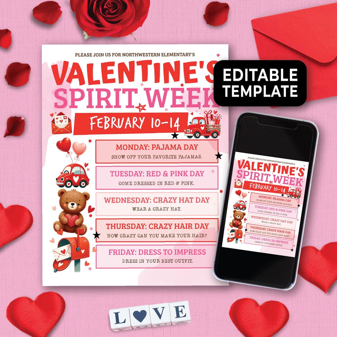 Editable Valentine's Spirit Week Flyer, February Spirit Week Template ...