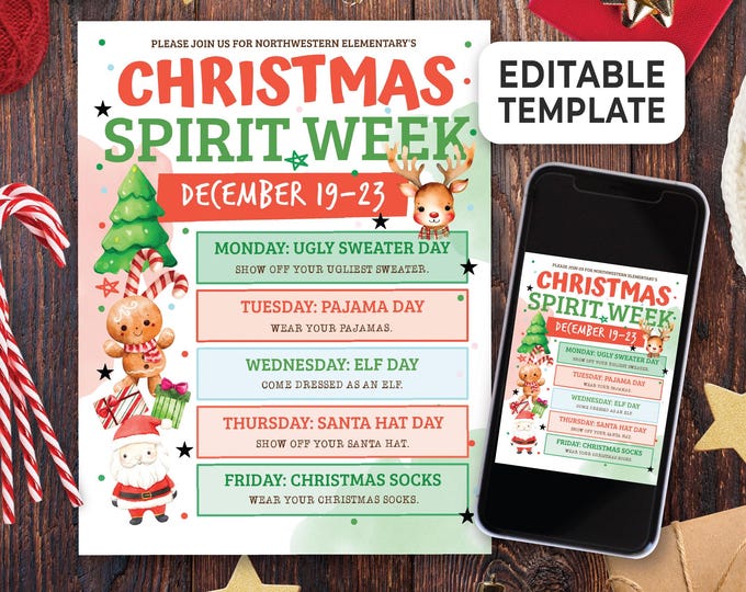 12 Days of Christmas Dress up Days, Christmas School Spirit Days ...