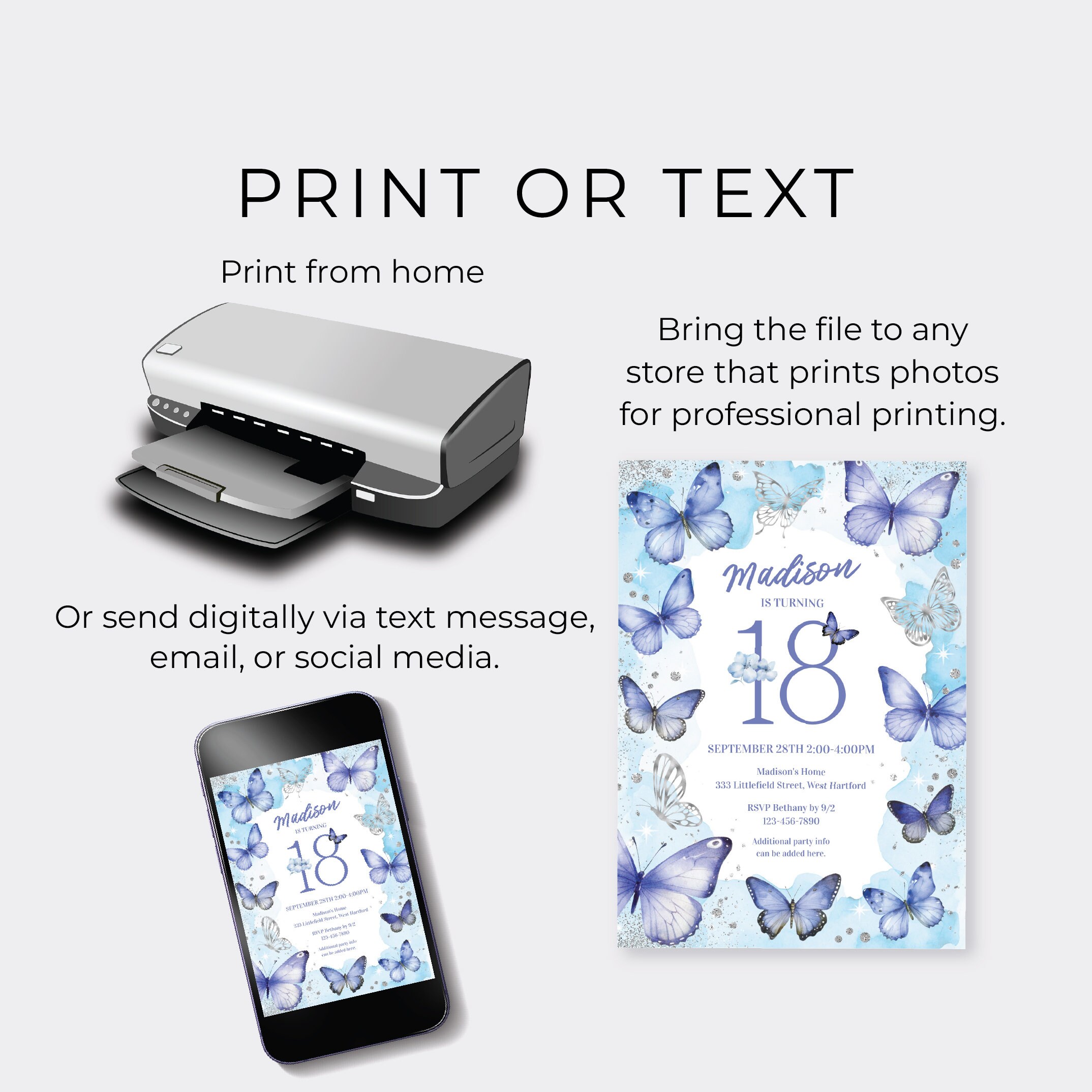 Editable Blue Butterfly Invitations, Silver Pastel Monarch Birthday ...