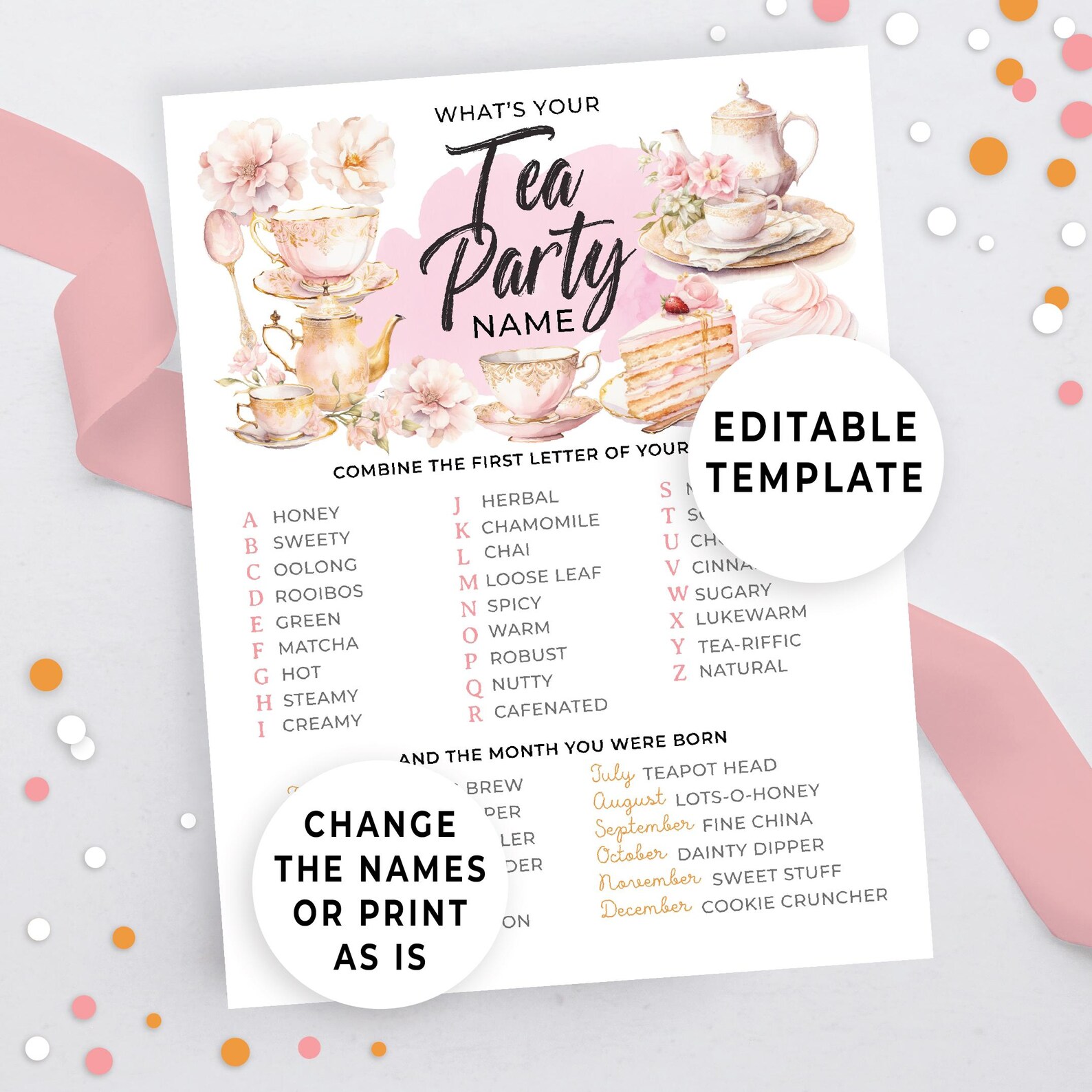 What's Your Tea Party Name Party Game & Name Tags, Tea Party Name ...