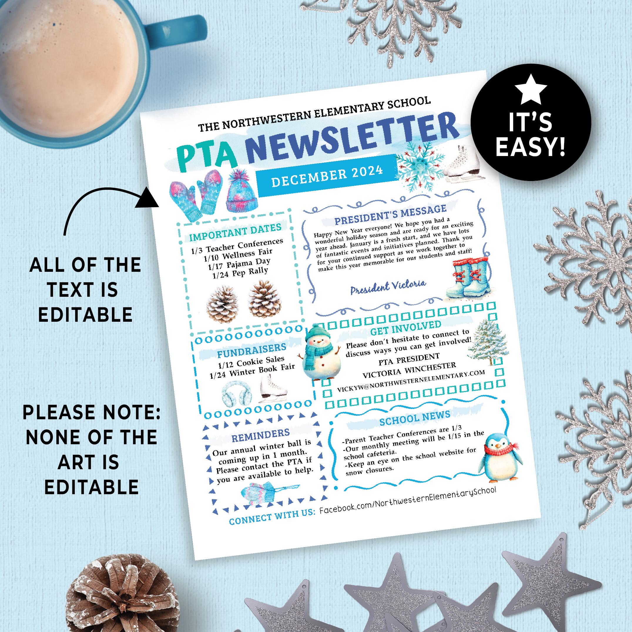Editable PTO PTA Winter Newsletter Template, December, January ...
