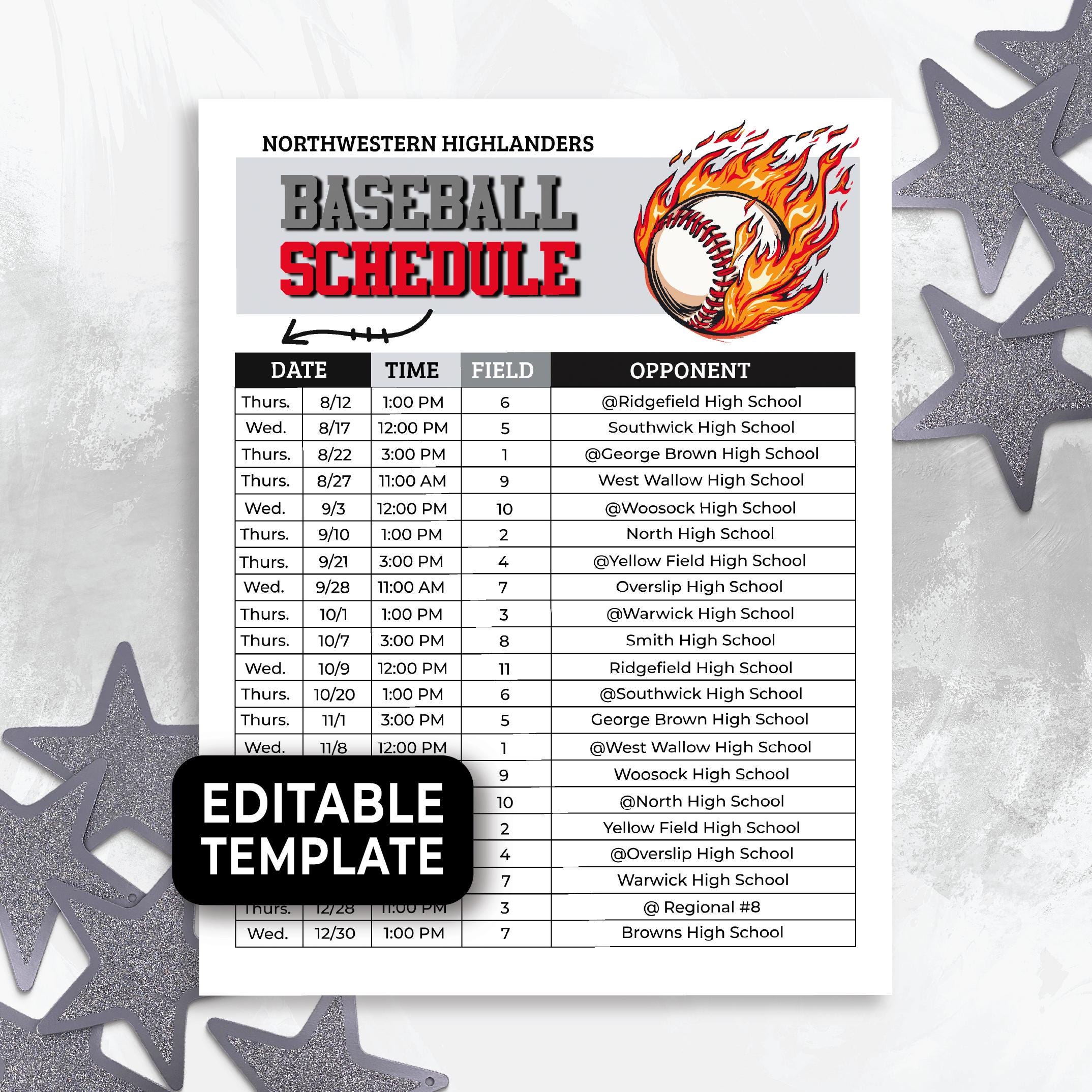 Editable Baseball Schedule Template, Baseball Calendar, Sports Schedule ...