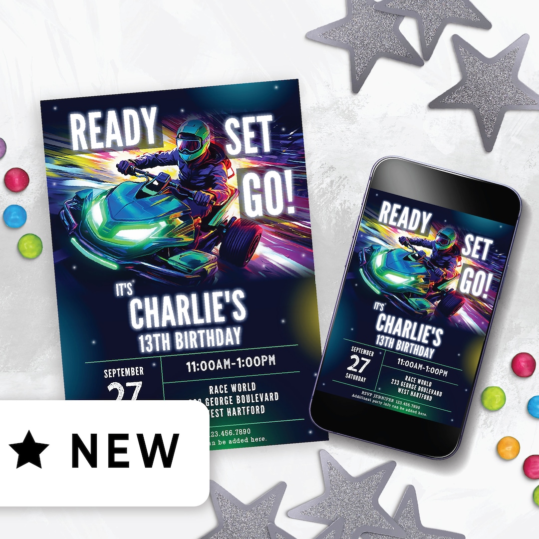 Editable Go Cart Invitation for Teenage/tween Boy, Neon Birthday ...