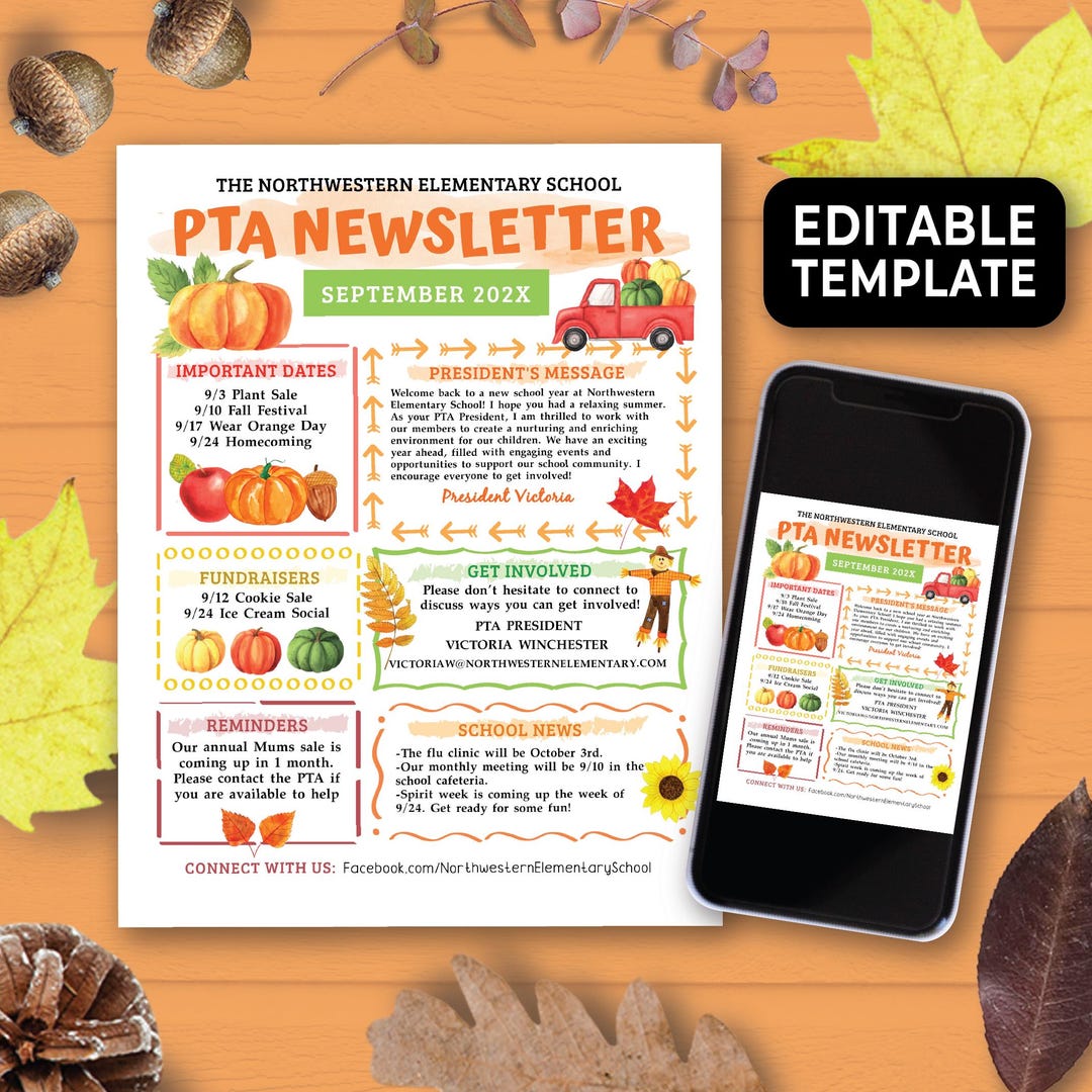 Editable PTO PTA Fall Newsletter Template, September, October or ...