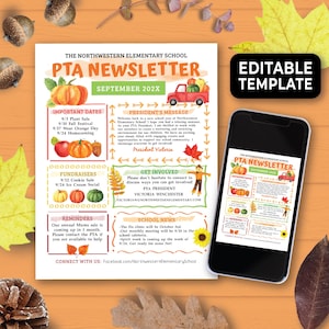 Editable PTO PTA Fall Newsletter Template, September, October or ...