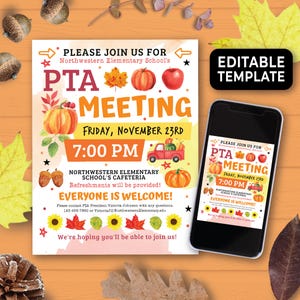 Editable PTO PTA Fall Meeting Flyer, Meeting Reminder Invitation ...