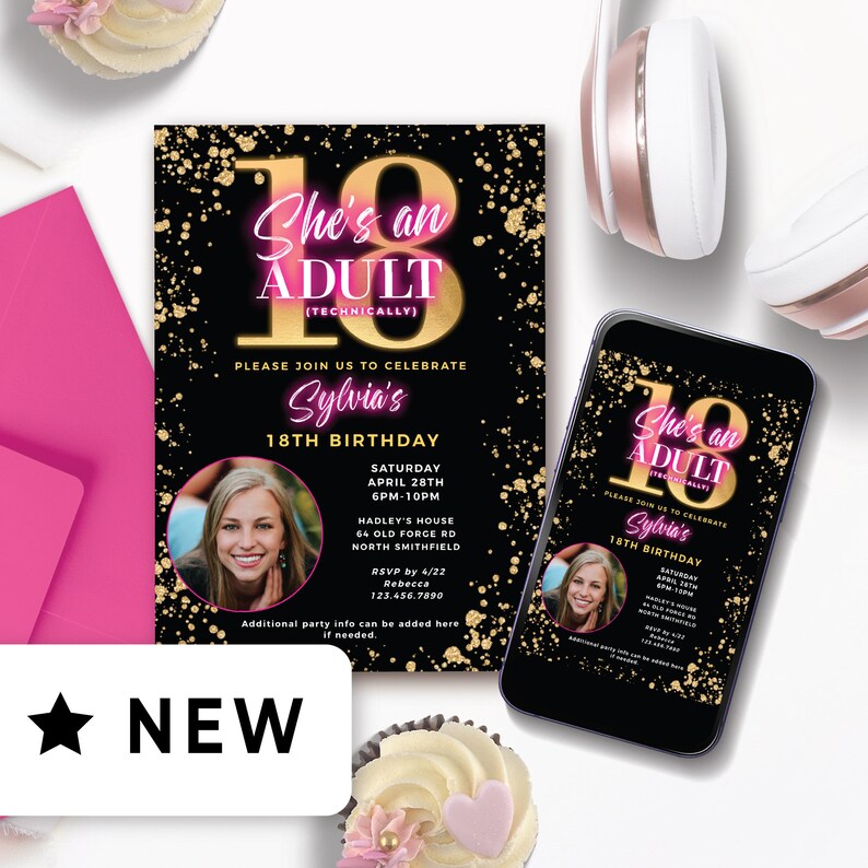 Editable 18th Birthday Party Invitation With Photo Girl Glow - Etsy