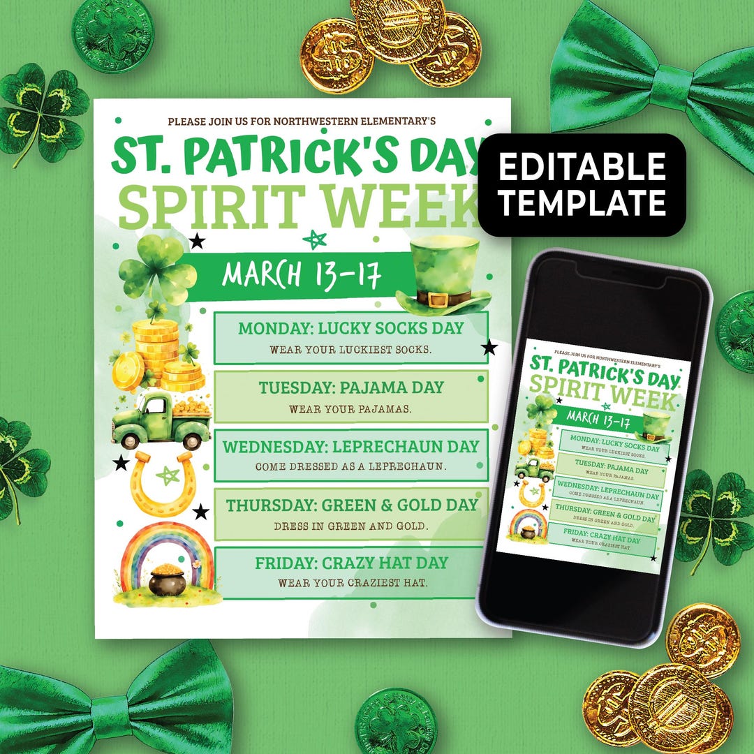 Editable St Patrick's Day Spirit Week Flyer, March Spirit Week Template ...