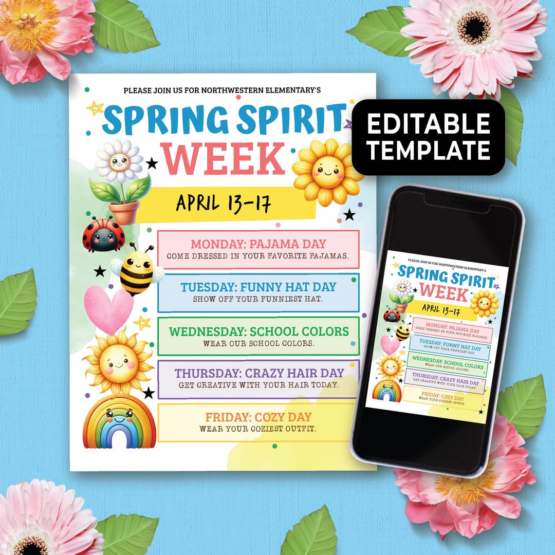 Editable Spring Spirit Week Flyer, Spring Spirit Week Template, March ...