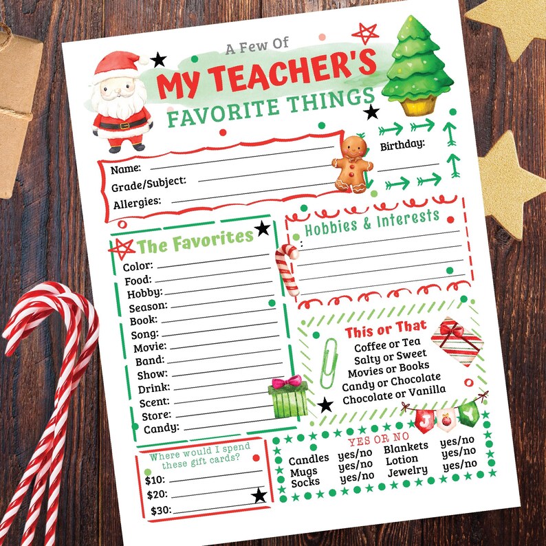 Editable Teacher Favorite Things Christmas List Template, Teacher's ...