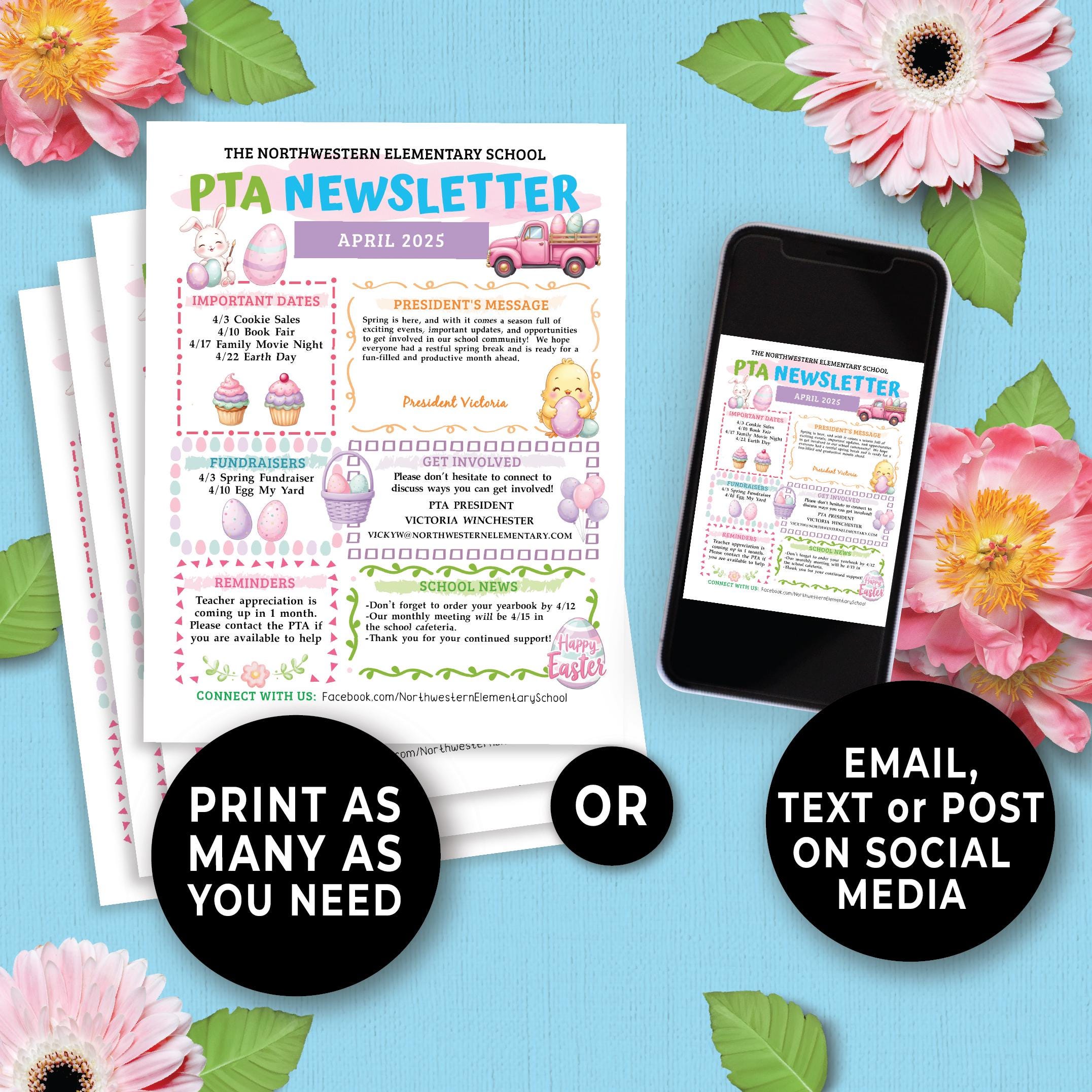 Editable PTO PTA April Newsletter Template, Easter Themed Volunteer ...