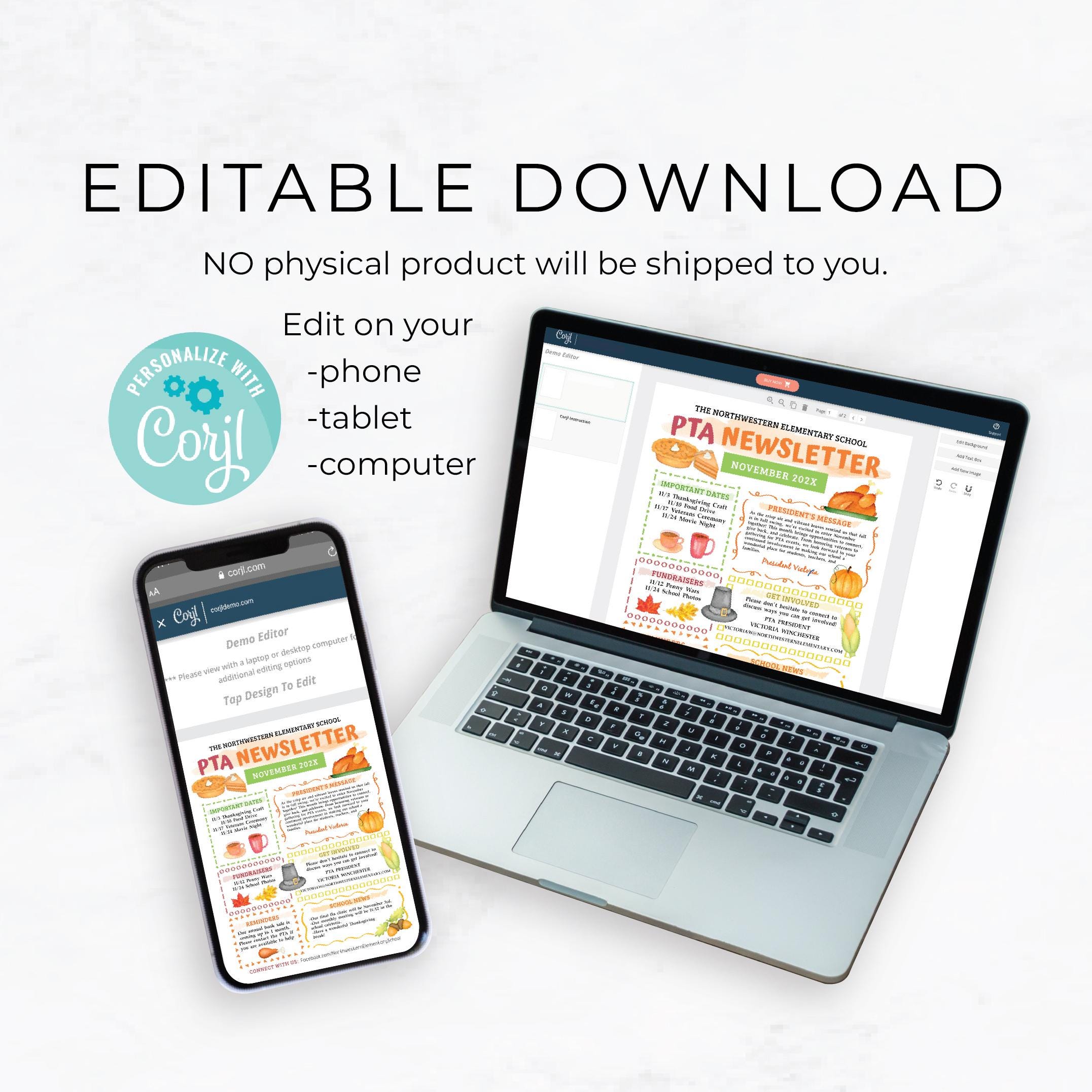 Editable PTO PTA November Newsletter Template, Thanksgiving Themed ...