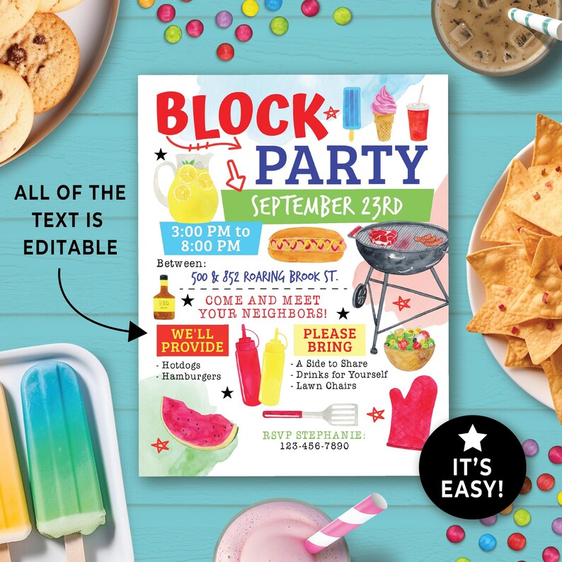 Editable Block Party Flyer Template, Neighborhood Backyard BBQ ...