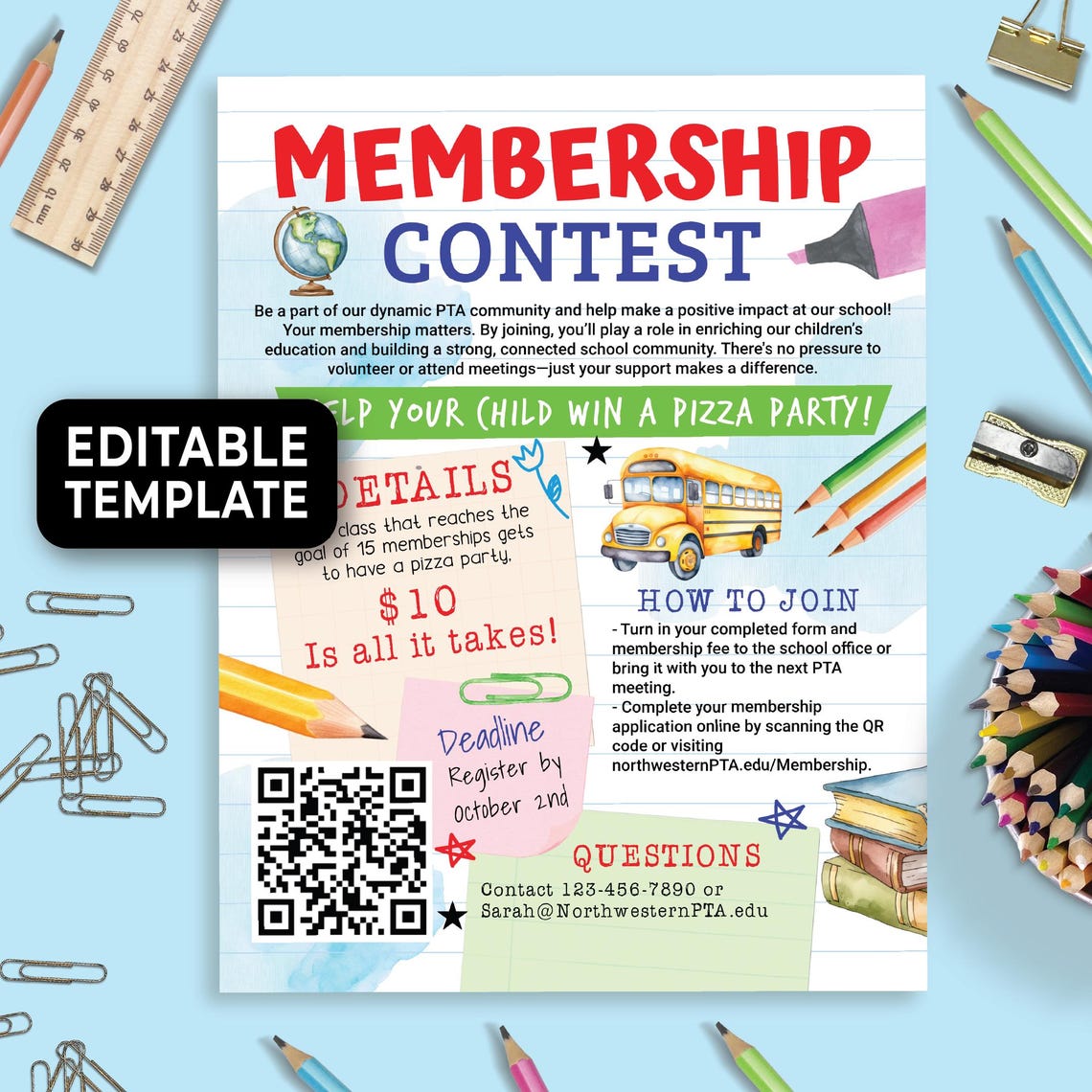 Editable PTO PTA Membership Contest Flyer, PTA Membership Drive Form ...