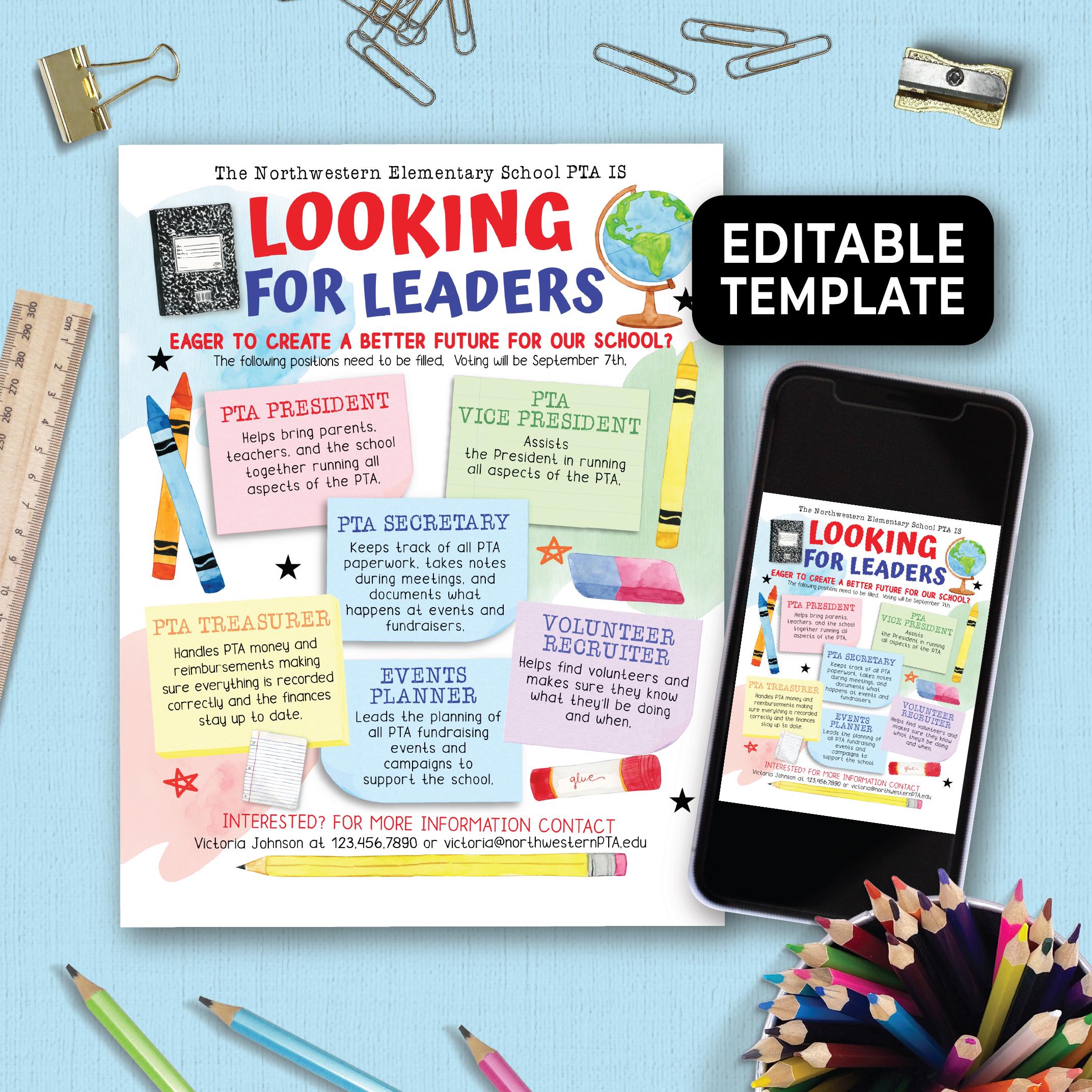 Editable PTO PTA Volunteer Board Member Drive Flyer, PTA Elections ...