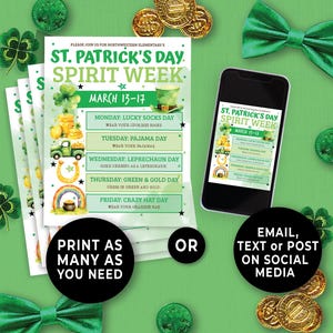 Editable St Patrick's Day Spirit Week Flyer, March Spirit Week Template ...