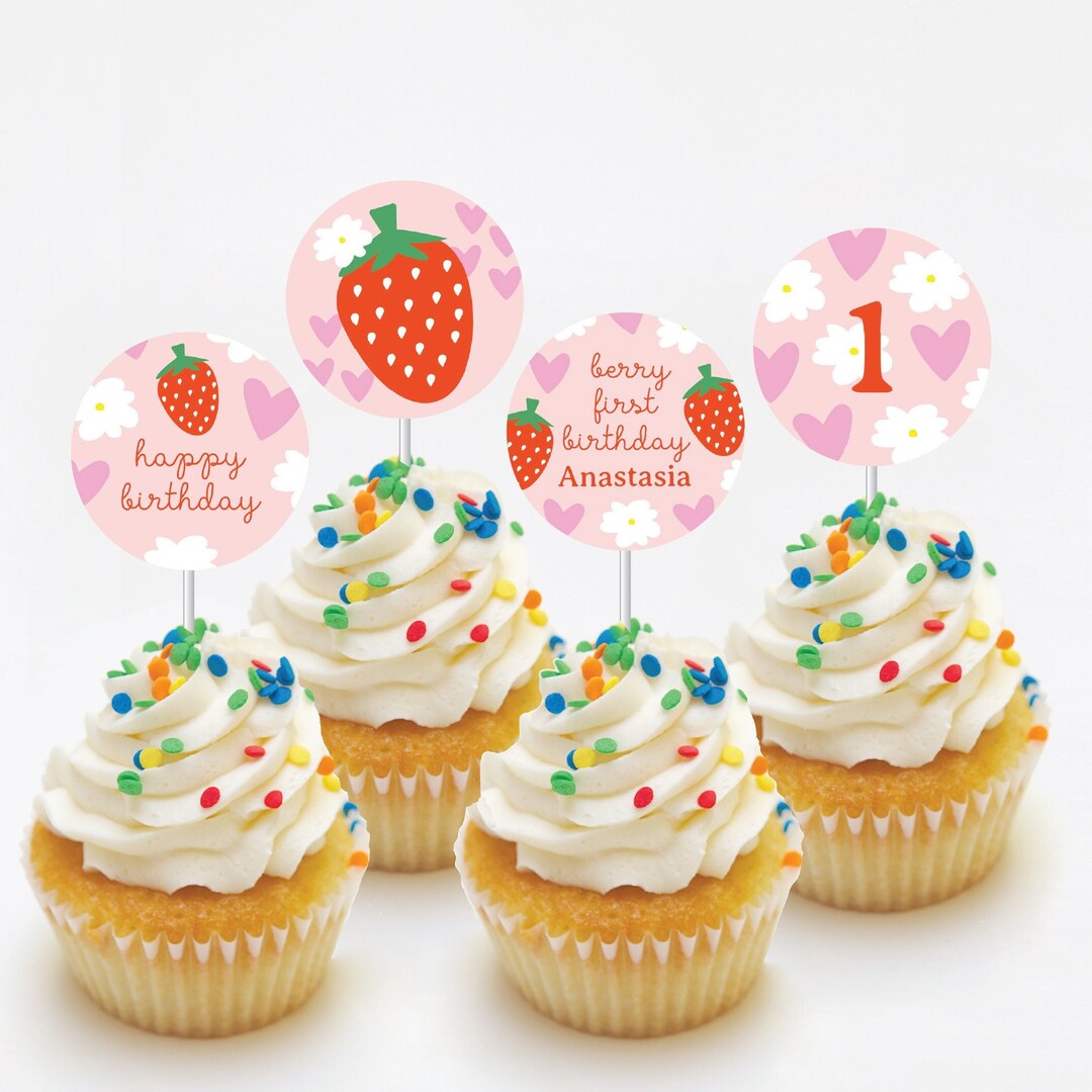 Editable Cupcake Topper Berry First Birthday Party Printable Template ...