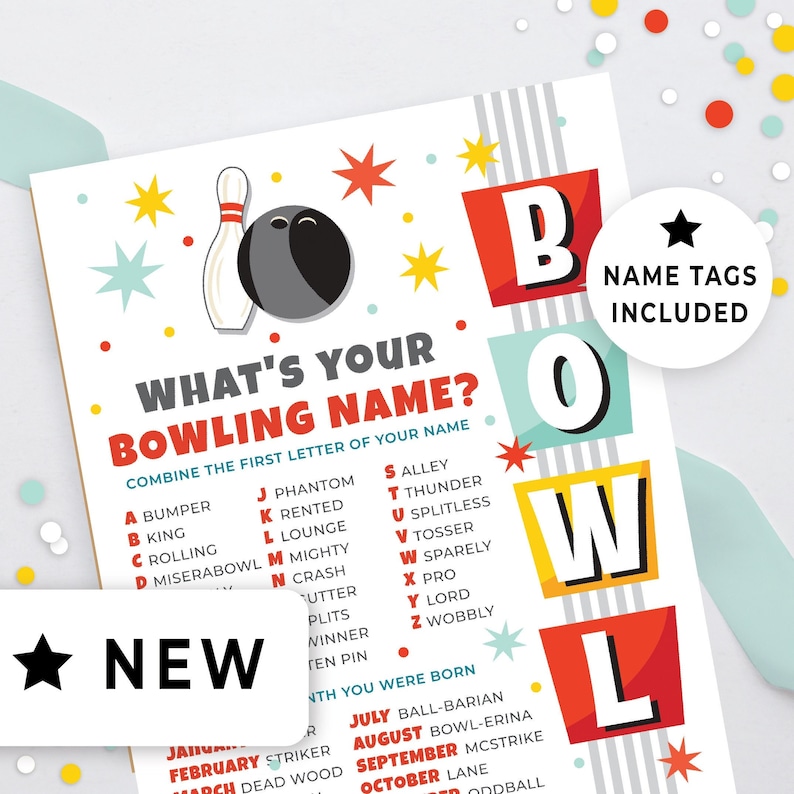 What's Your Bowling Name Party Game With Nametags, Bowling Birthday or ...