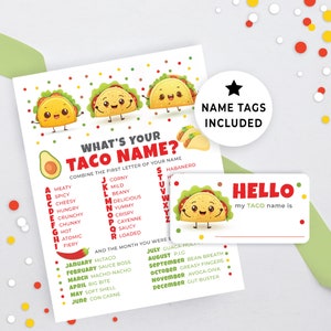 What's Your Taco Name Game With Name Tags, Taco Bout Party Game, Taco ...