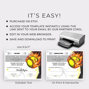 Softball Team Awards Printable, End of Season Softball Certificate for ...