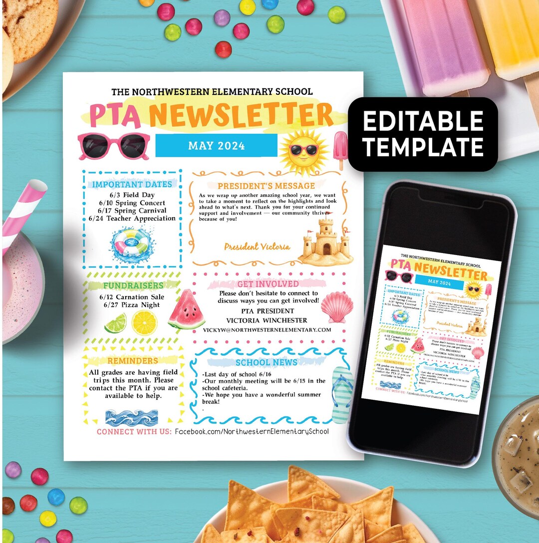 Editable PTO PTA June Newsletter Template, Summer Themed Volunteer ...