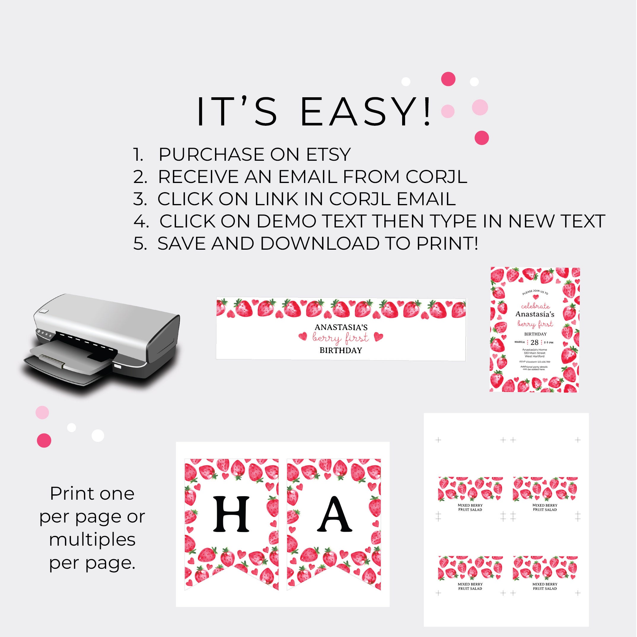 Editable Mega Bundle Berry First Birthday Party Printable Template, 1st ...