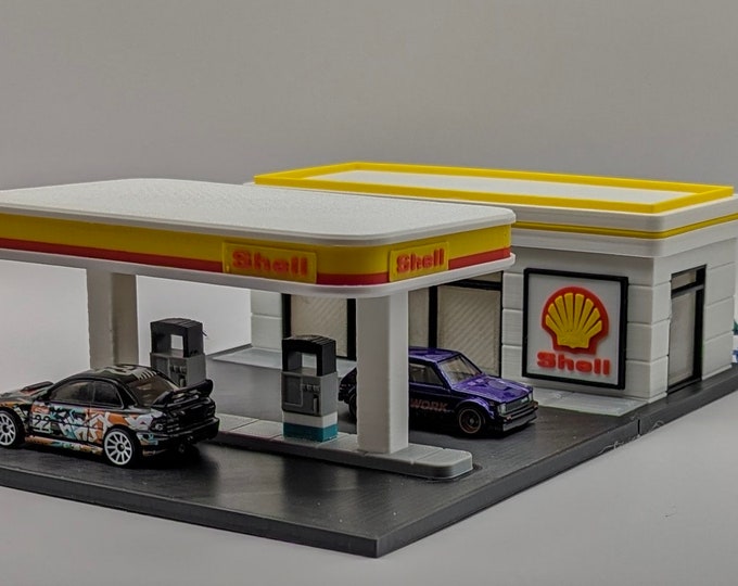 3D Printed Shell Gas Station Diorama for 1:64 Scale Diecast Cars LED ...